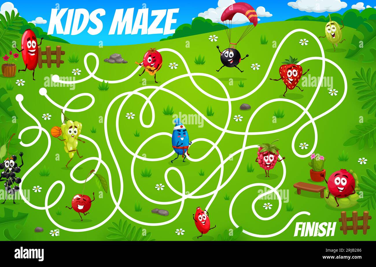 Labyrinth maze, cartoon cheerful berry characters on summer meadow ...