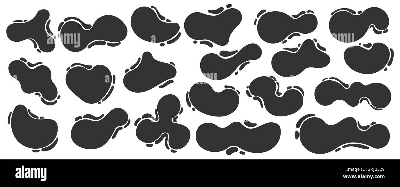 Organic abstract shapes with splashes. Liquid organic amoeba blobs. Random black simple ink ...