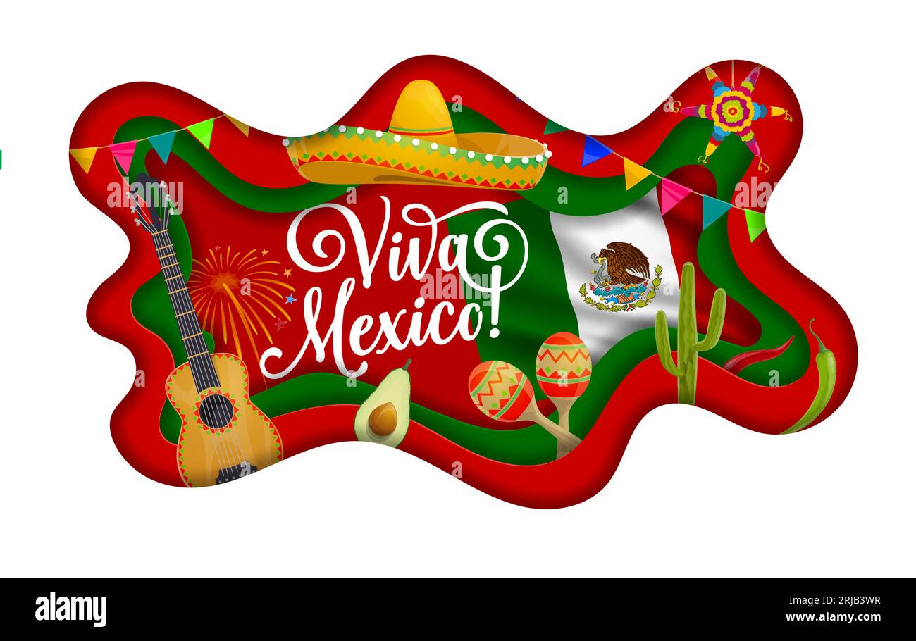 Viva mexico paper cut banner with national mexican flag, sombrero and ...
