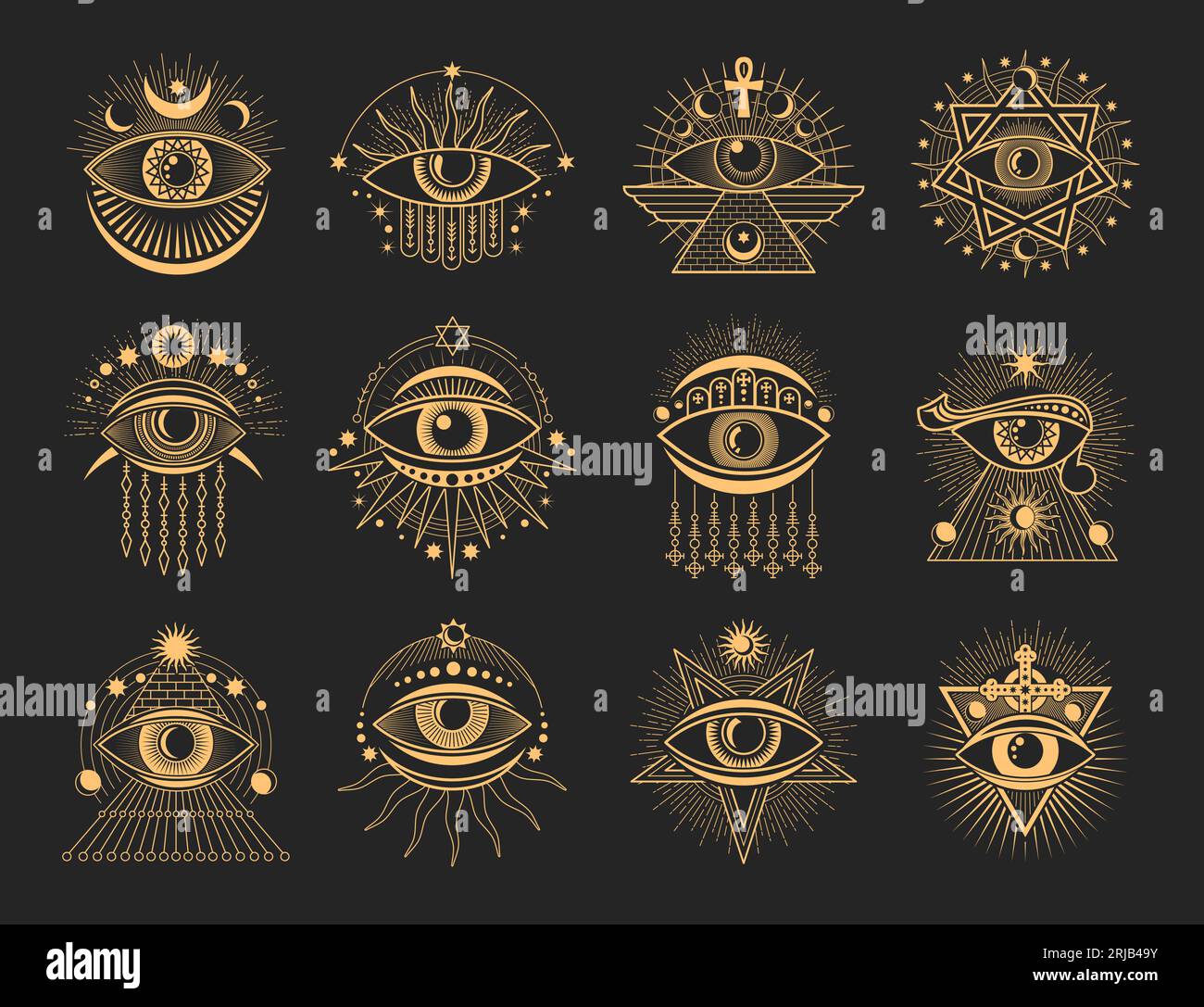 Eye tattoo occult and esoteric symbols. Mason and magic tarot signs ...