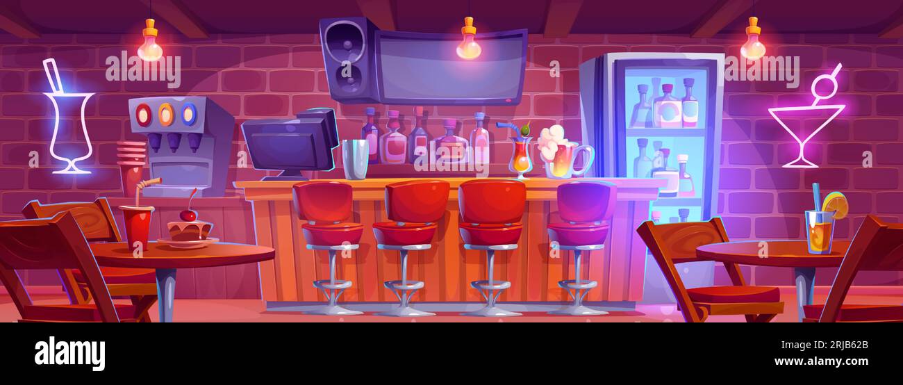 Bar counter interior vector cartoon illustration. Beer on pub table in ...
