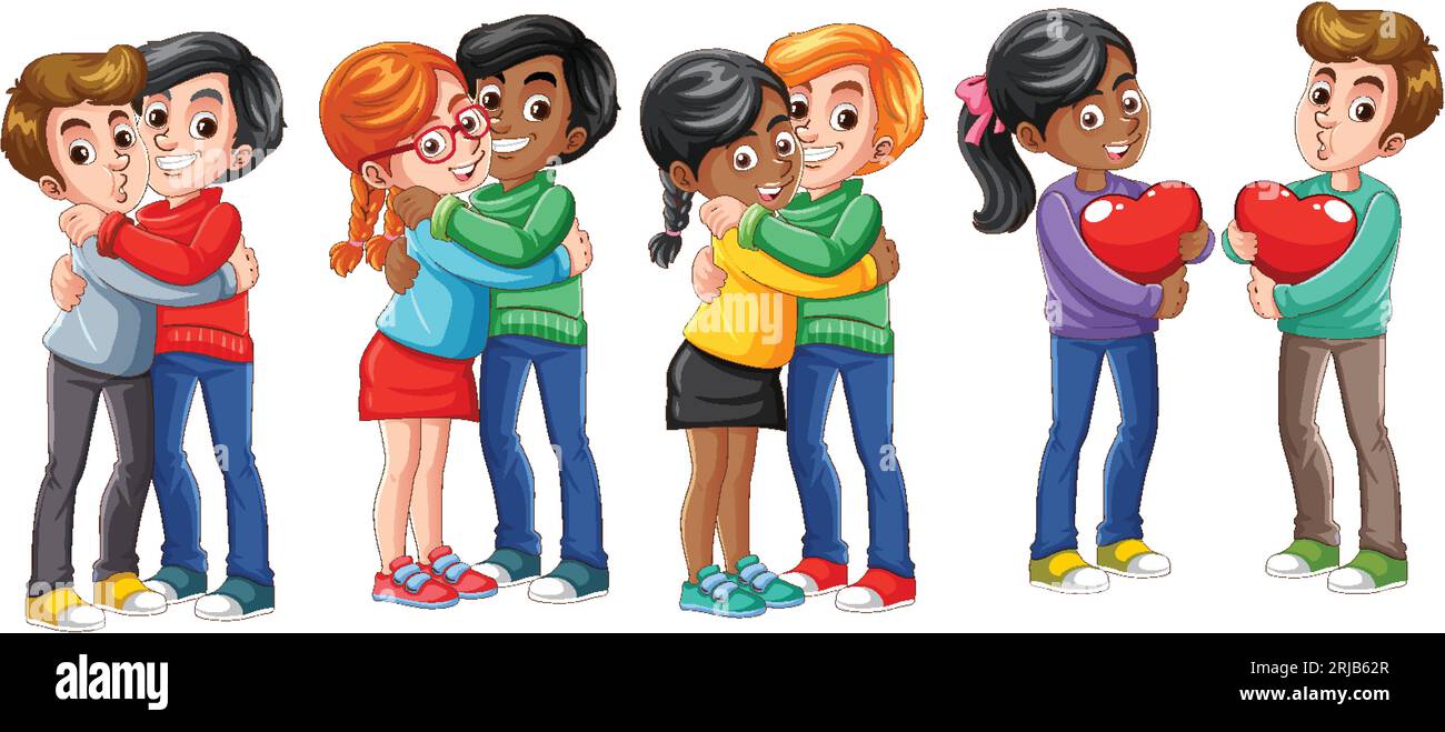 Illustration of diverse couples hugging affectionately in a vector ...