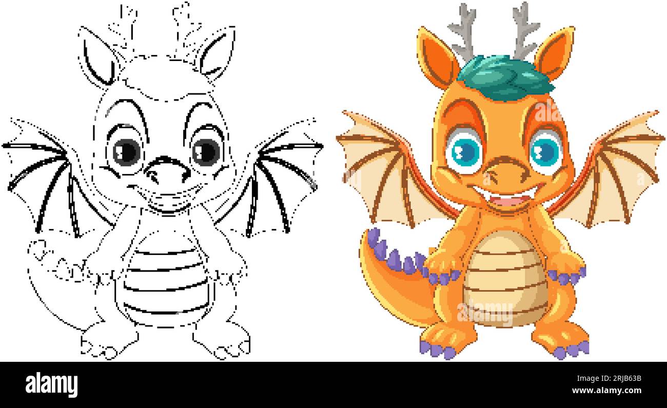 Dragon cartoon and its doodle coloring character illustration Stock ...