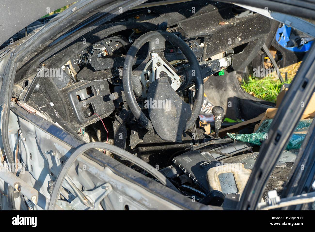 burnt out wrecked car cockpit Stock Photo - Alamy