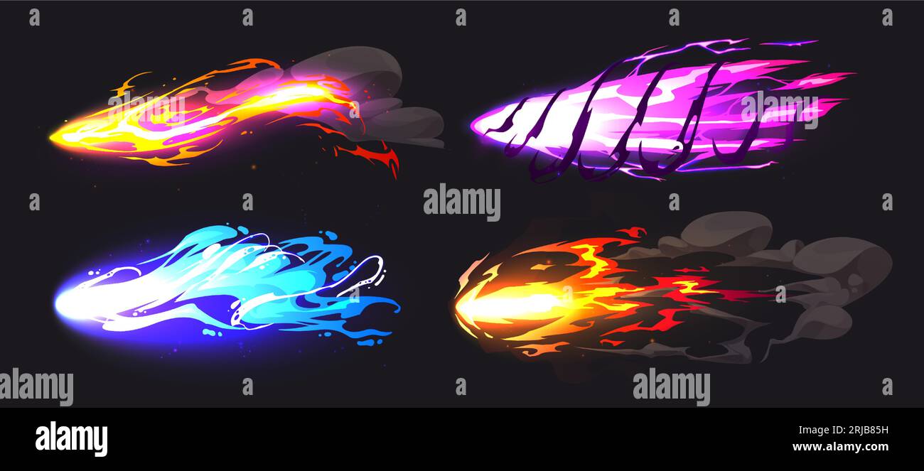 Cartoon set of laser gun shot effects isolated on black background ...