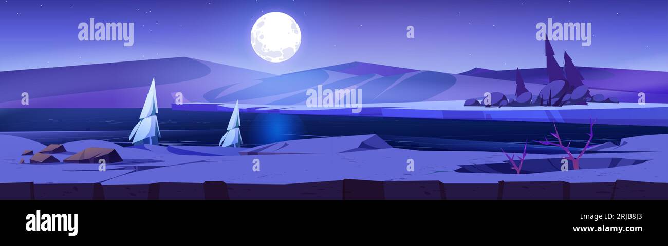 Polar night landscape with full moon above frozen river. Vector cartoon ...
