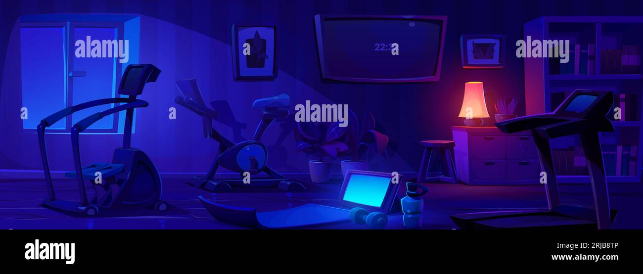 Home gym room at night with yoga equipment cartoon vector background ...