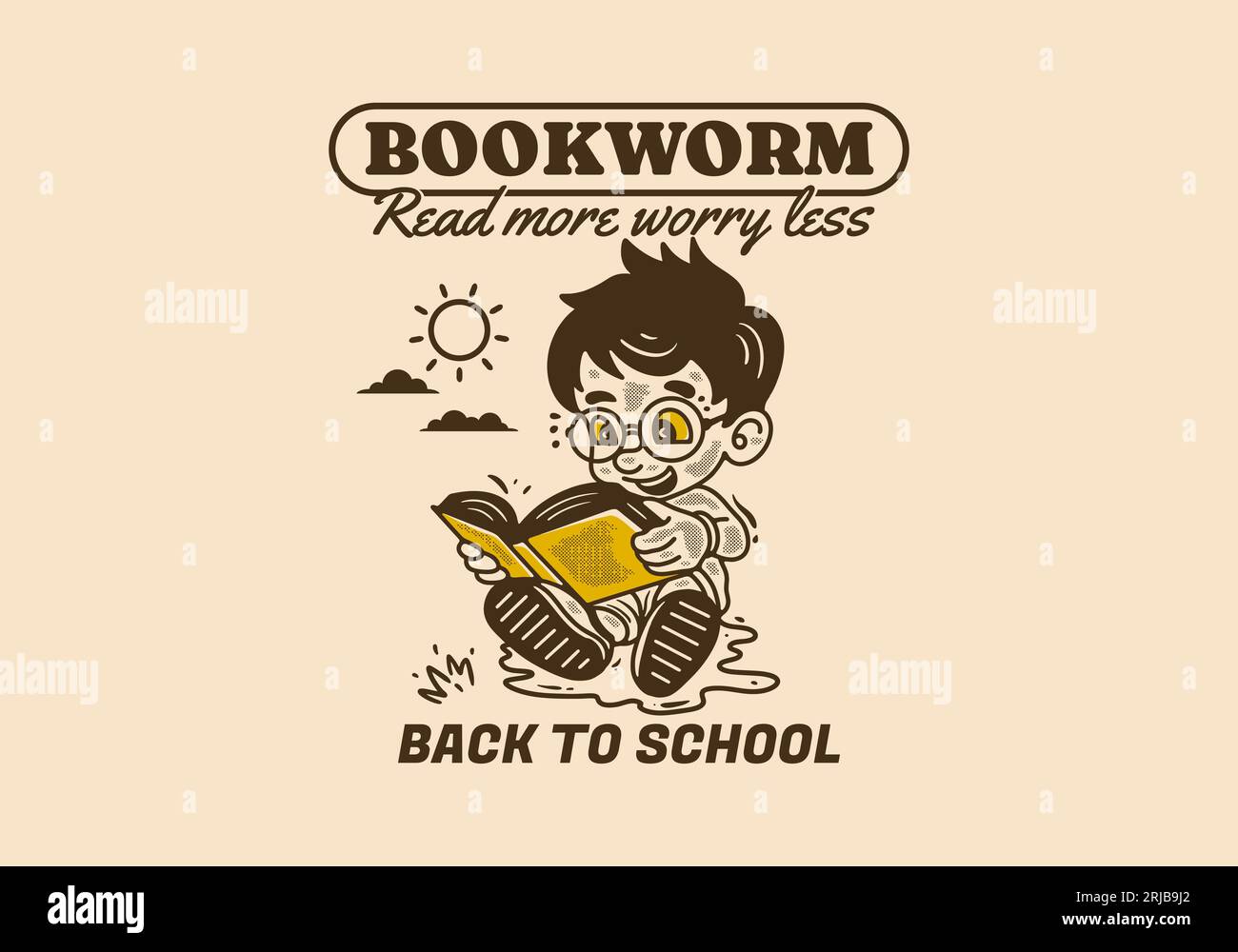 Bookworm, read more worry less, vintage illustration of a little boy ...