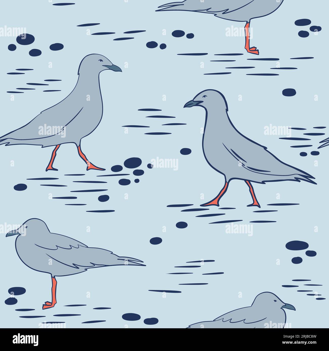 Hand drawn seamless pattern with seagulls gulls birds in grey and blue ...