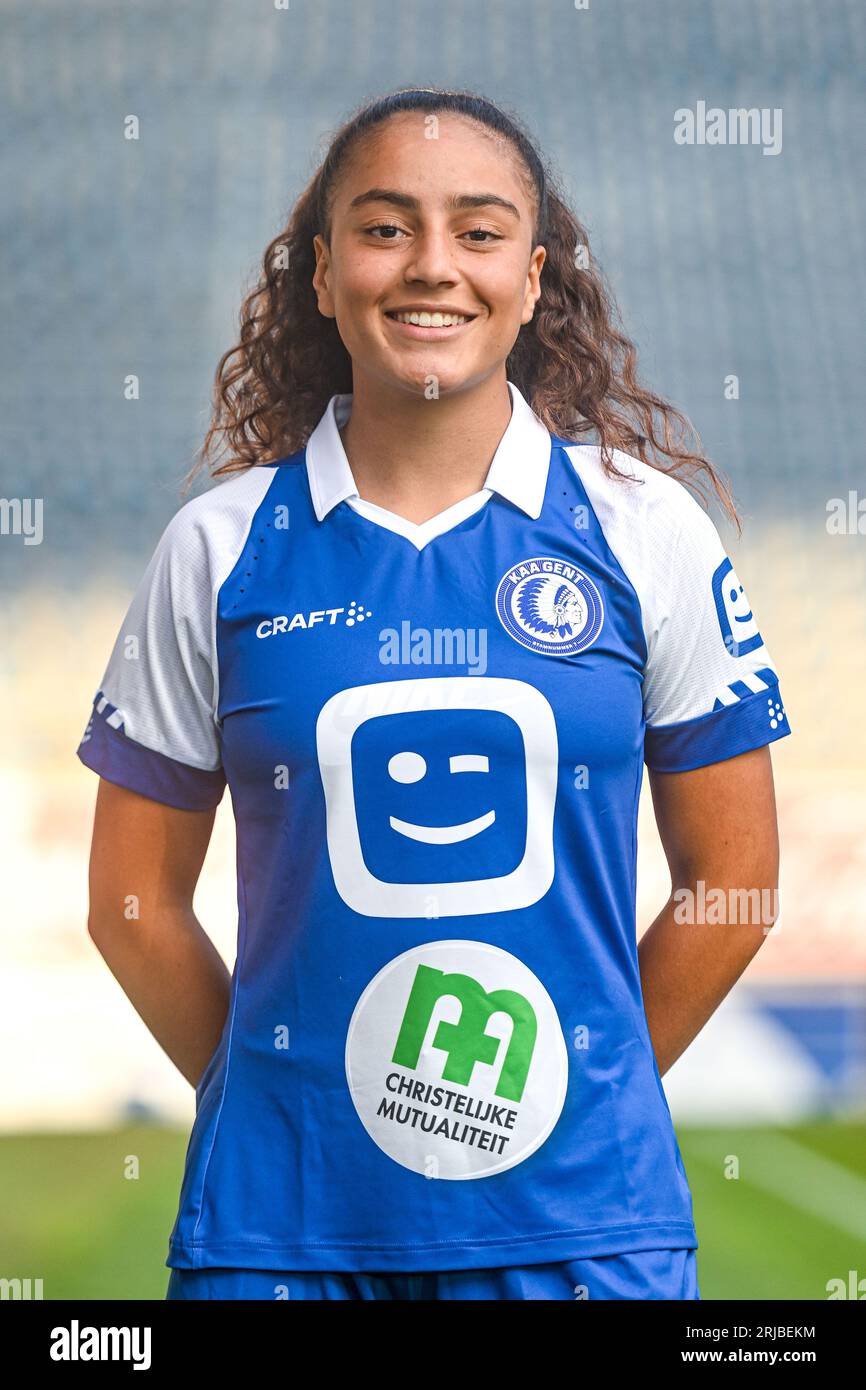 Gent, Belgium. 21st Aug, 2023. Nia Elyn (4) of AA Gent Ladies pictured during the players ...
