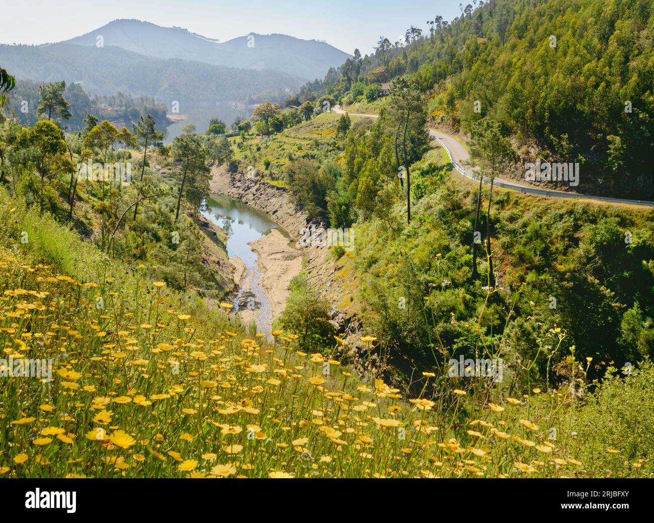 A view along the river inlet out to the valley, river and mountains ...