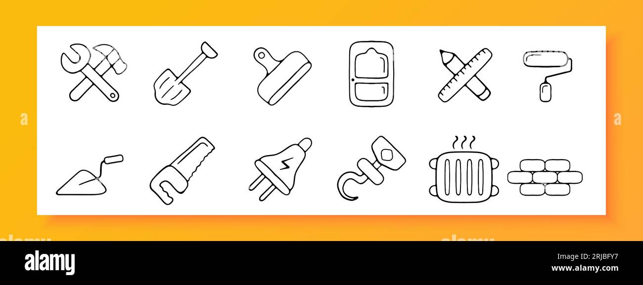 Construction line icon. Shovel, bricks, wall, roller, tools, saw ...