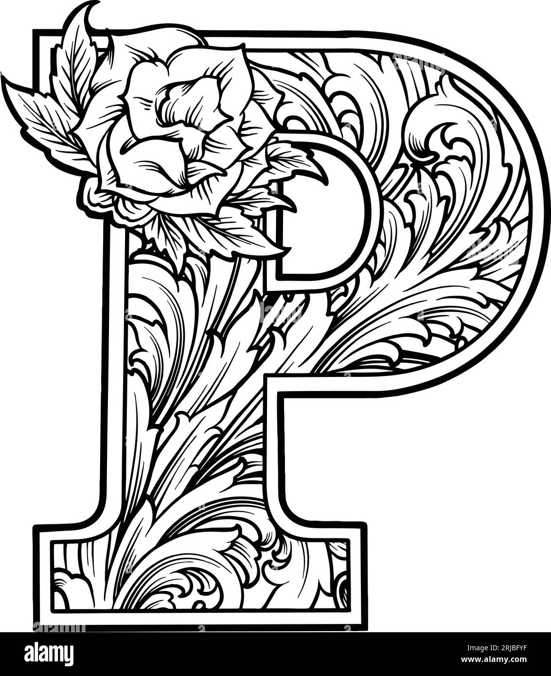 Classic ornaments majestic capital p lettering illustrations monochrome ...