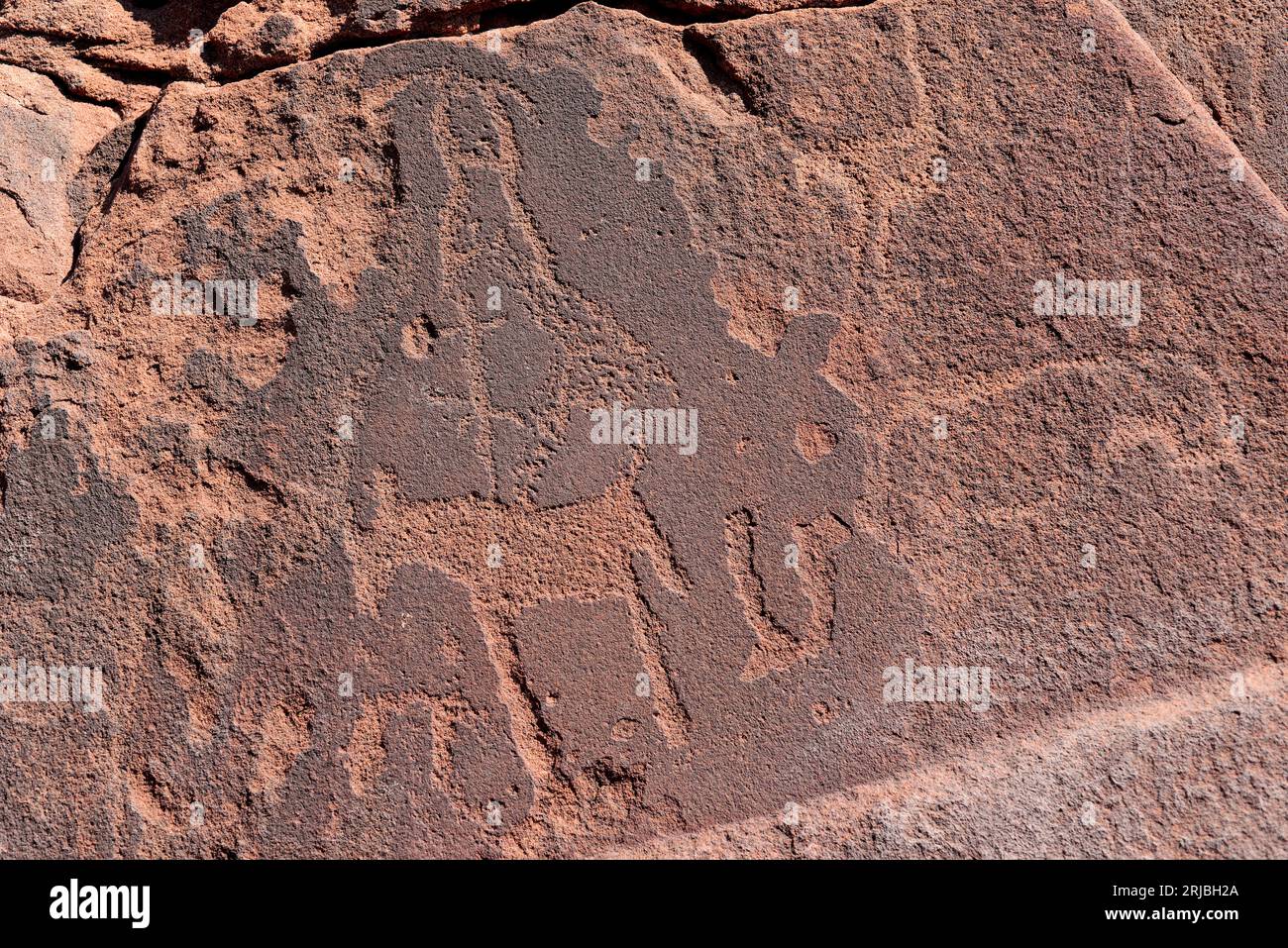 Petroglyphs, human and animal figures engraving on sandstone rock. Is a ...