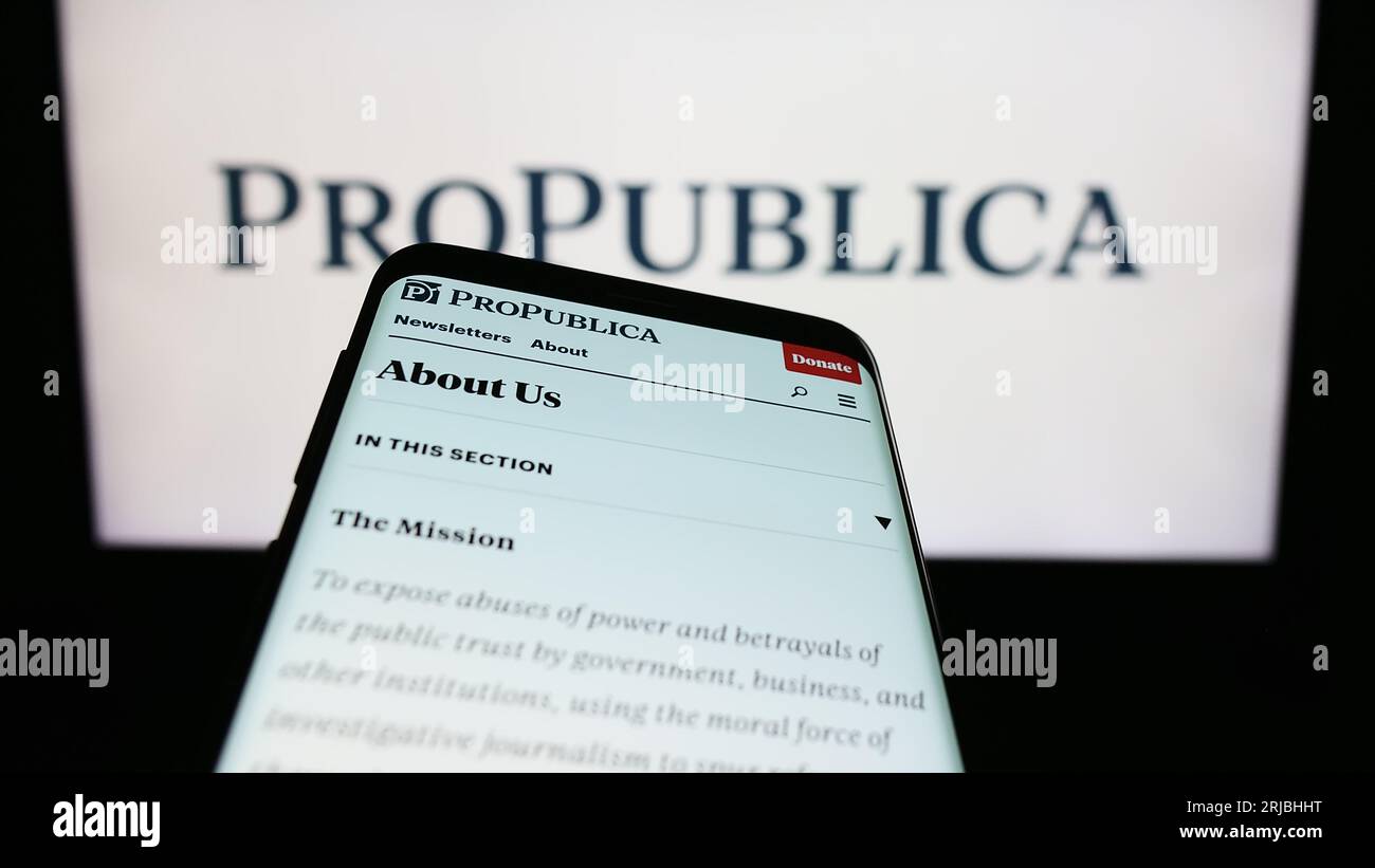 Mobile phone with website of US media company Pro Publica Inc. on ...