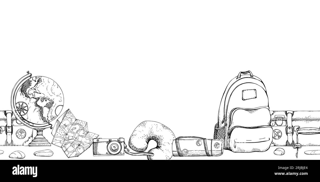 Ink hand drawn vector sketch. Seamless banner. Tourist accessories ...