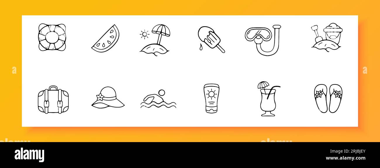 Summer vacation line icon. Sand, beach, flip flops, sunscreen, watermelon, ice cream. Vector ...