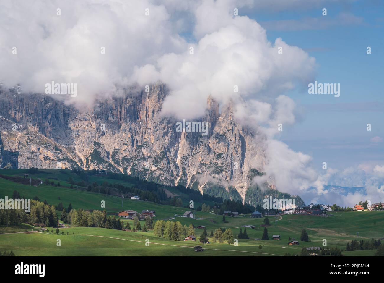Italy Dolomites in spring time, Alpe di Siusi, green grassland and ...