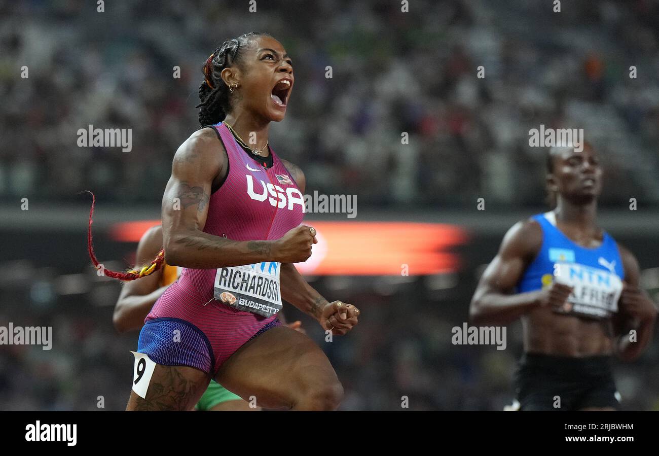 USA's Sha'Carri Richardson celebrates winning the Women's 100m final ...