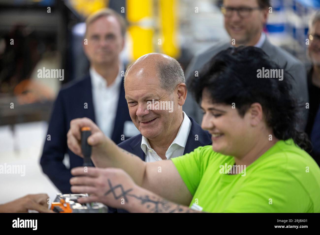 22 August 2023, North Rhine-Westphalia, Düren: German Chancellor Olaf ...