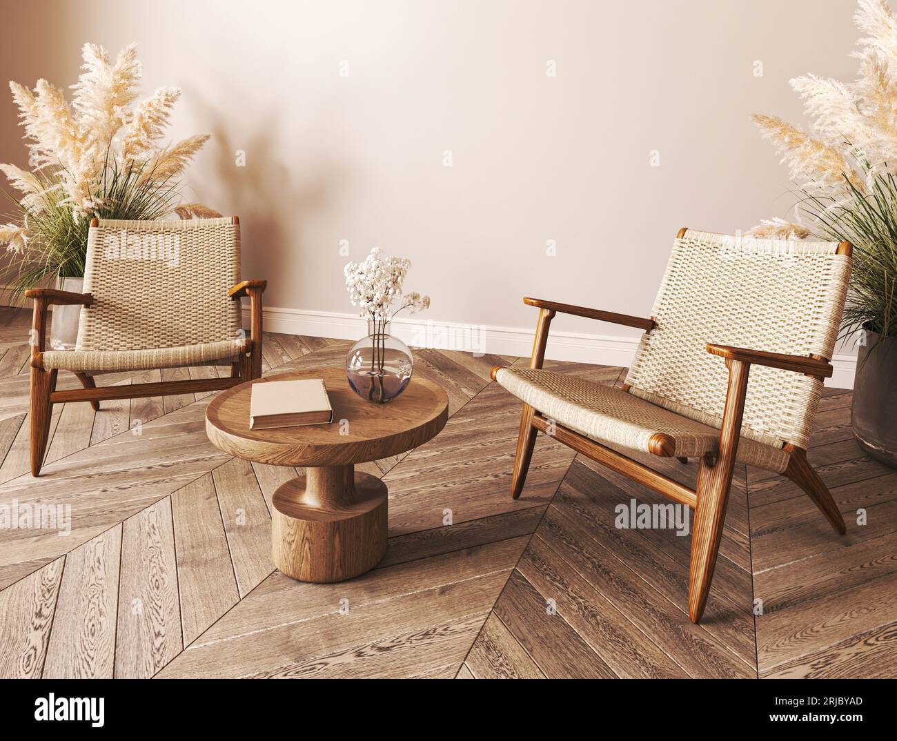 Japanese boho beige interior with armchair background. Light modern ...