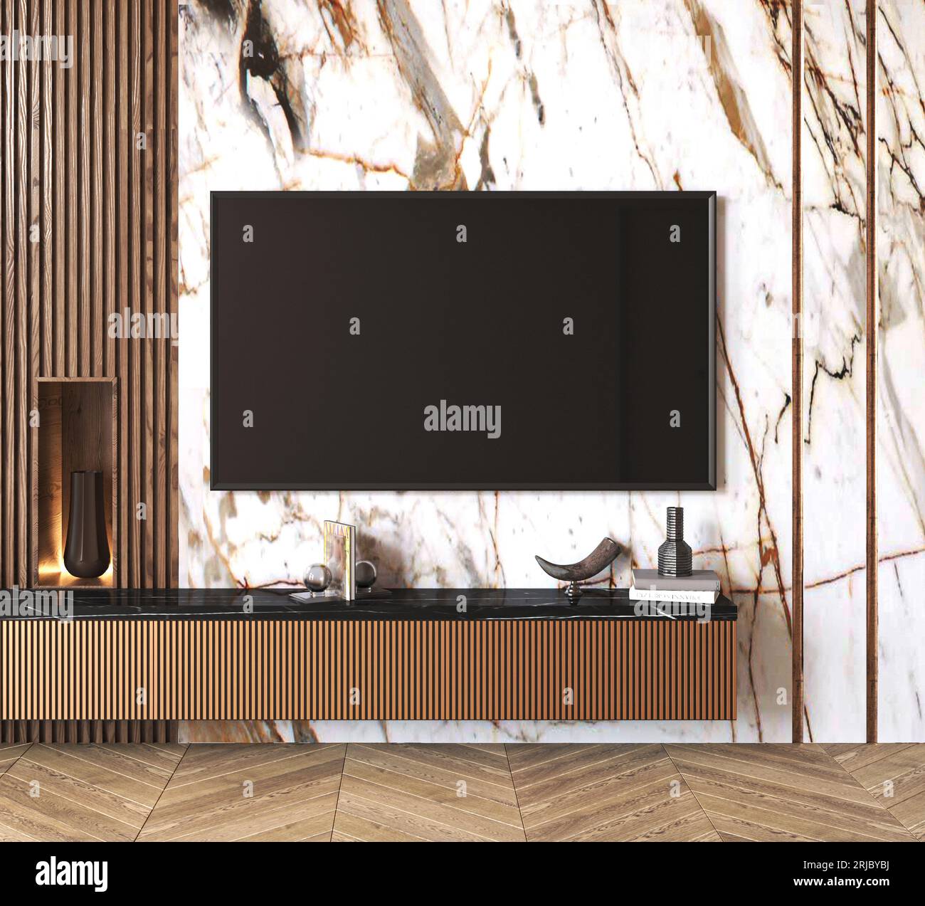 Classic expensive luxury light TV wall mock up with commode and wood ...