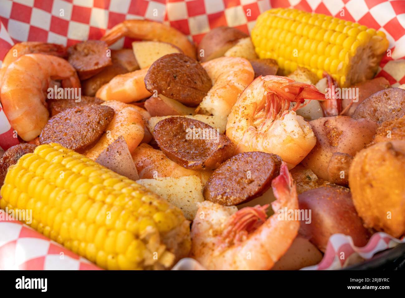Low Country Boil Traditional Dish with Shrimp,Saussage,Potatoes,Corn ...