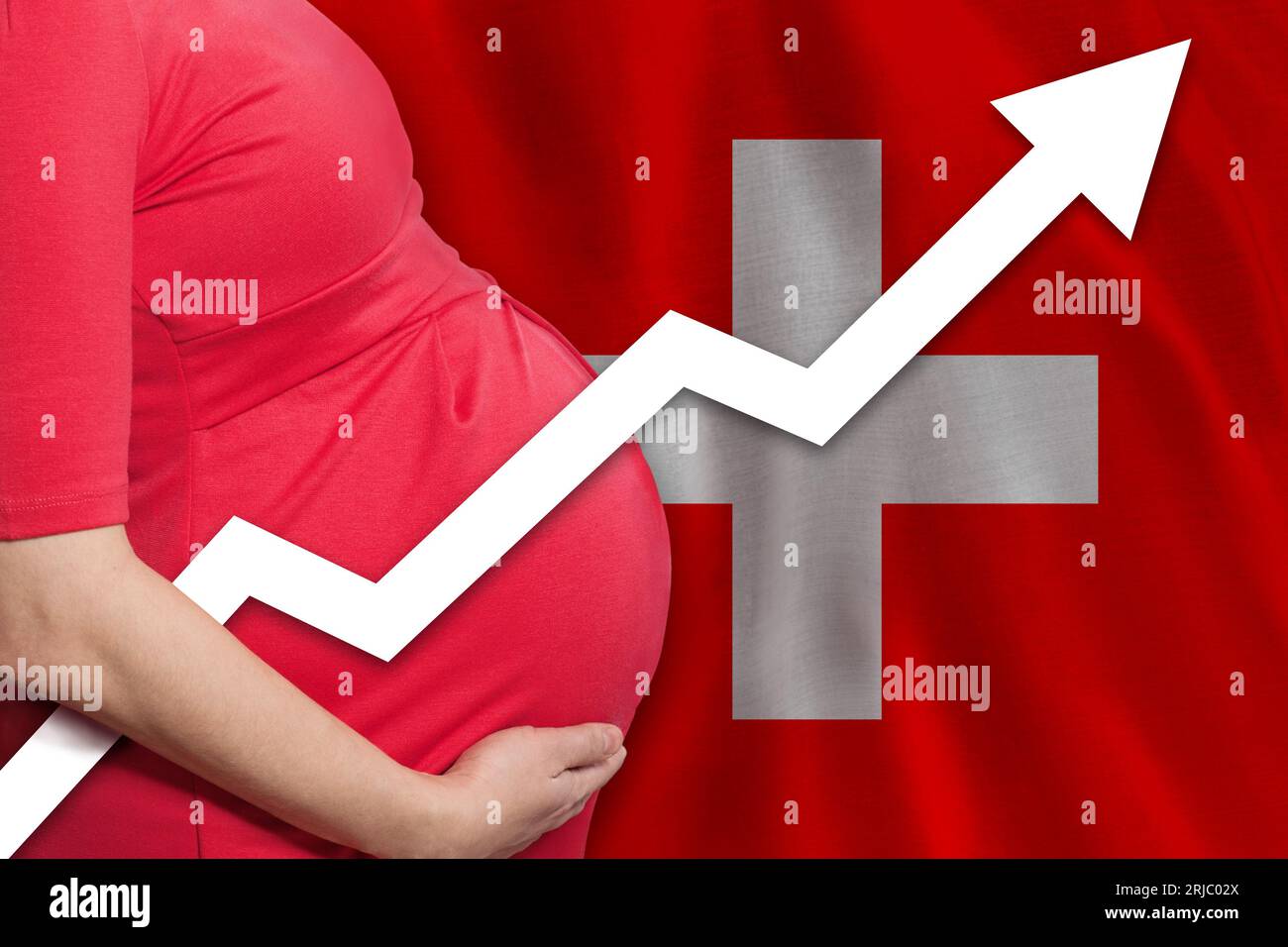 Swiss pregnant woman on flag of Swiss background. Birth rate up Stock ...