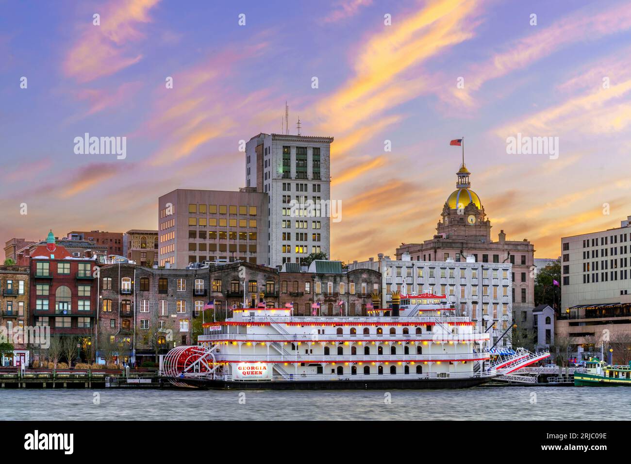 Savannah Skyline of River Street and City Hall with the Georgia Queen ...