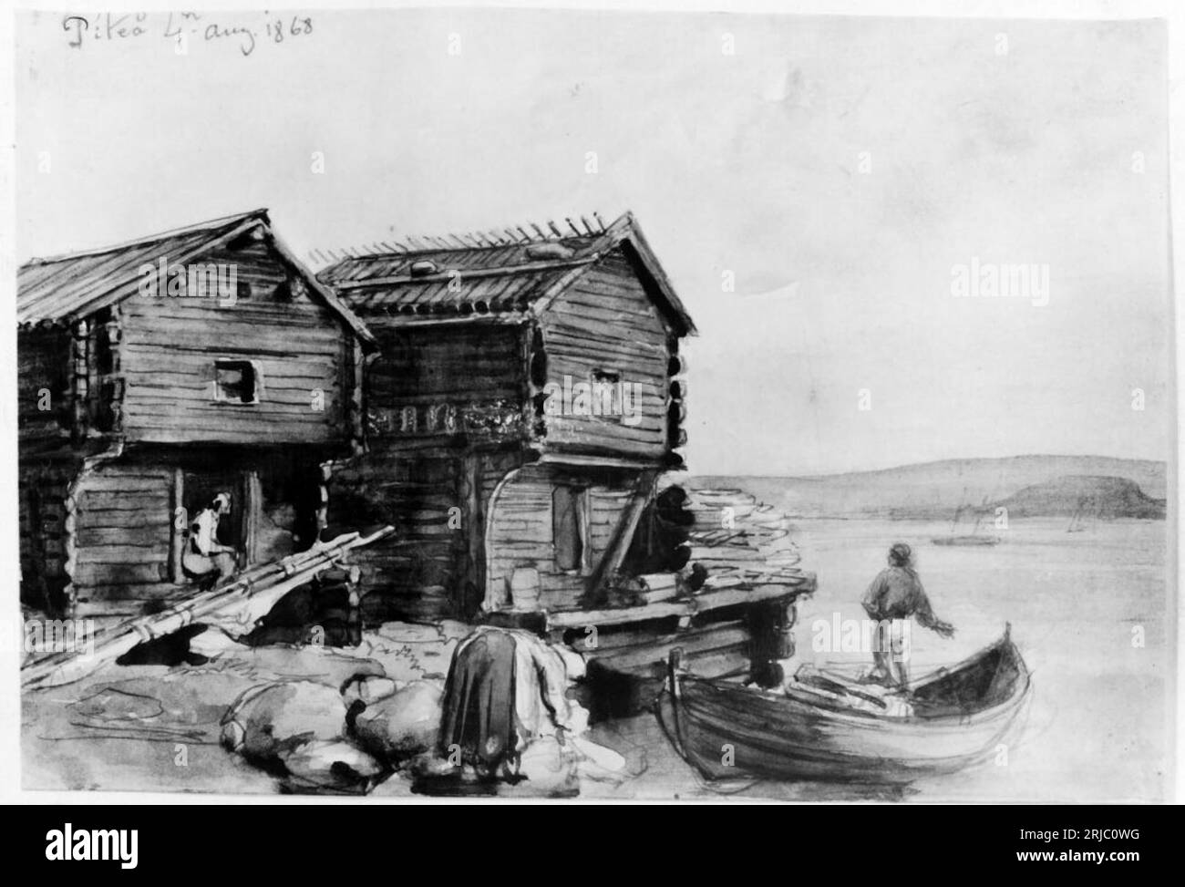 Fiskarbodar vid Piteå. Skissbok "Reseminnen från Norrland 1858" 1858 by Fritz von Dardel Stock ...