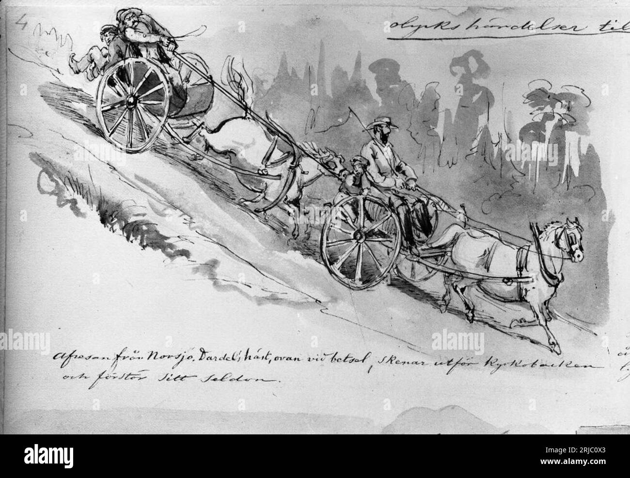 Dardels häst i sken, samt tre andra bilder. Skissbok "Reseminnen från Norrland 1858" 1858 by ...