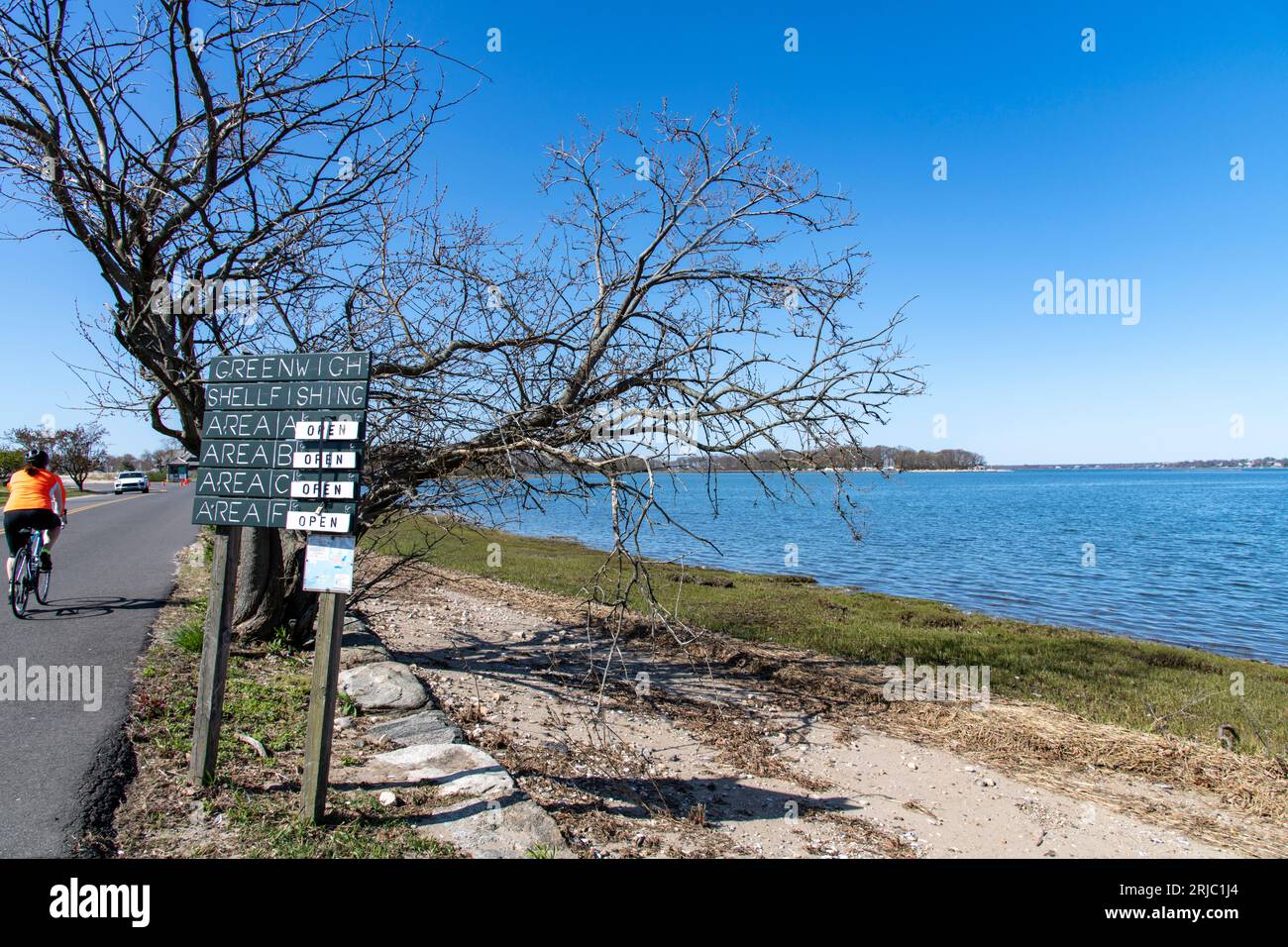 Old Greenwich, CT, USA-May 2022: View of the shoreline at the entrance ...