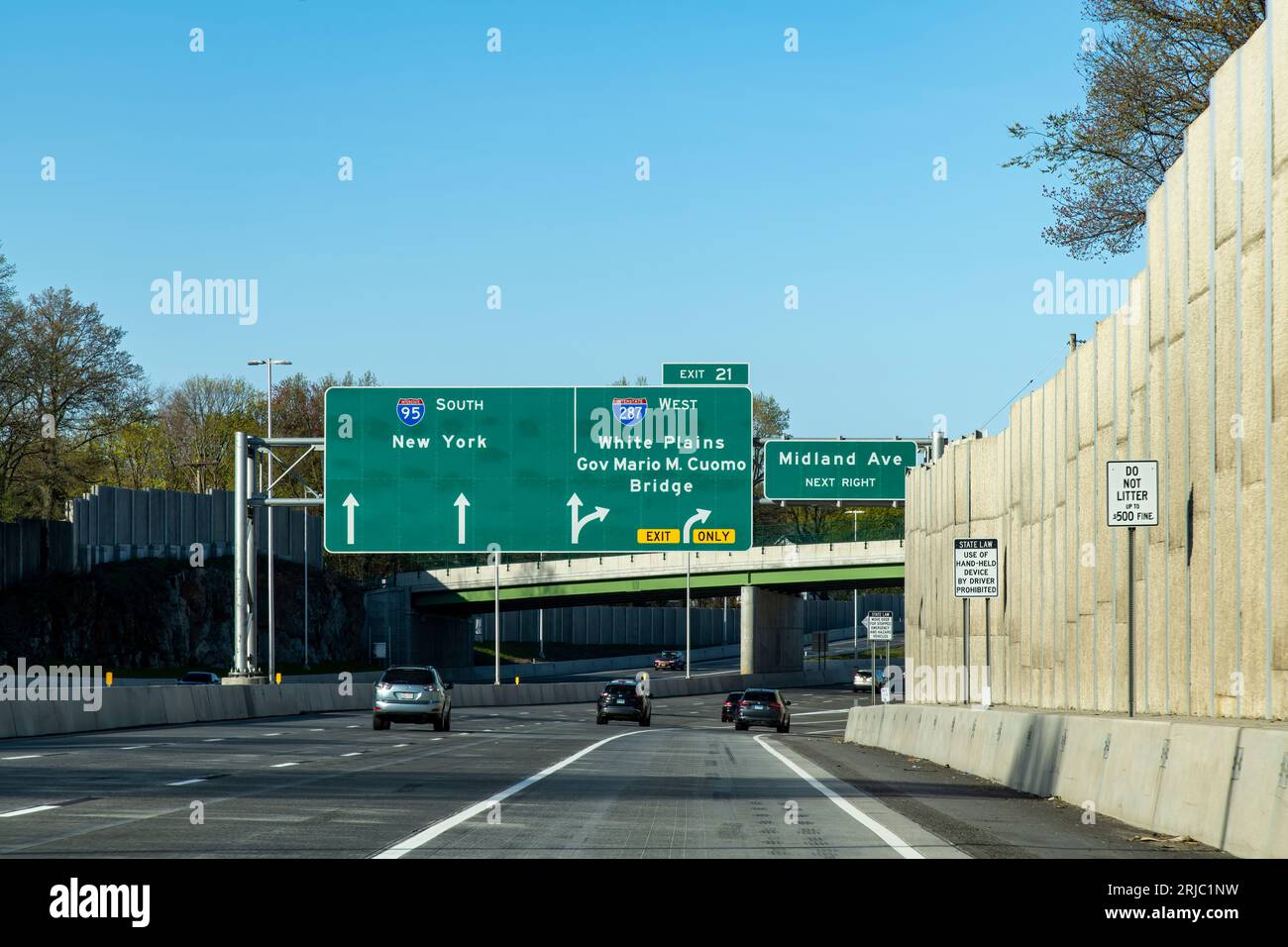 Port Chester, NY, USA-May 2022; View down Southbound lane I-95 or ...