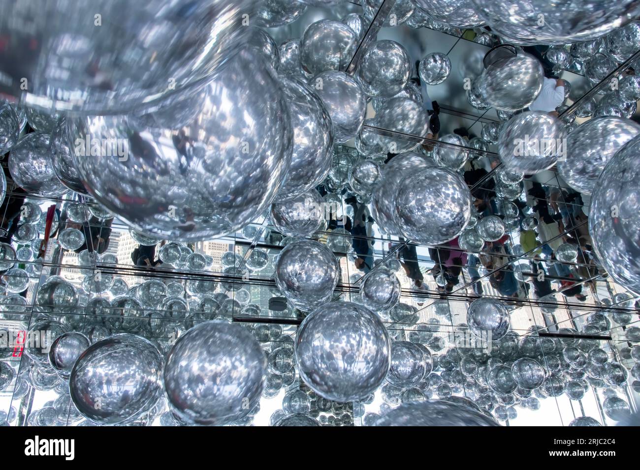 New York City, NY, USA-May 2022; Close up view of floating silver ...