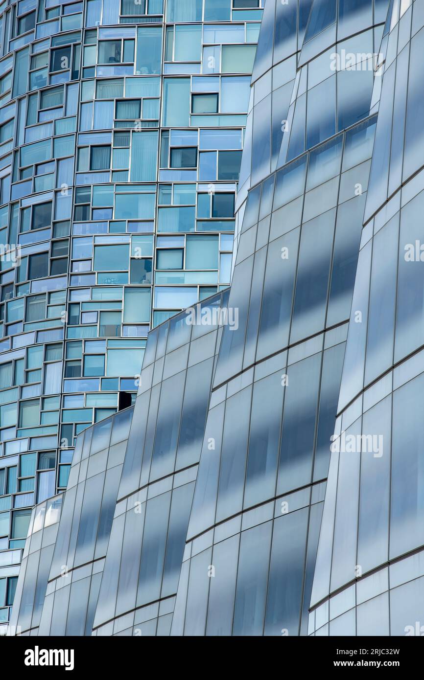 New York City, USA-May 2022: Image filling view of the façade of glass ...