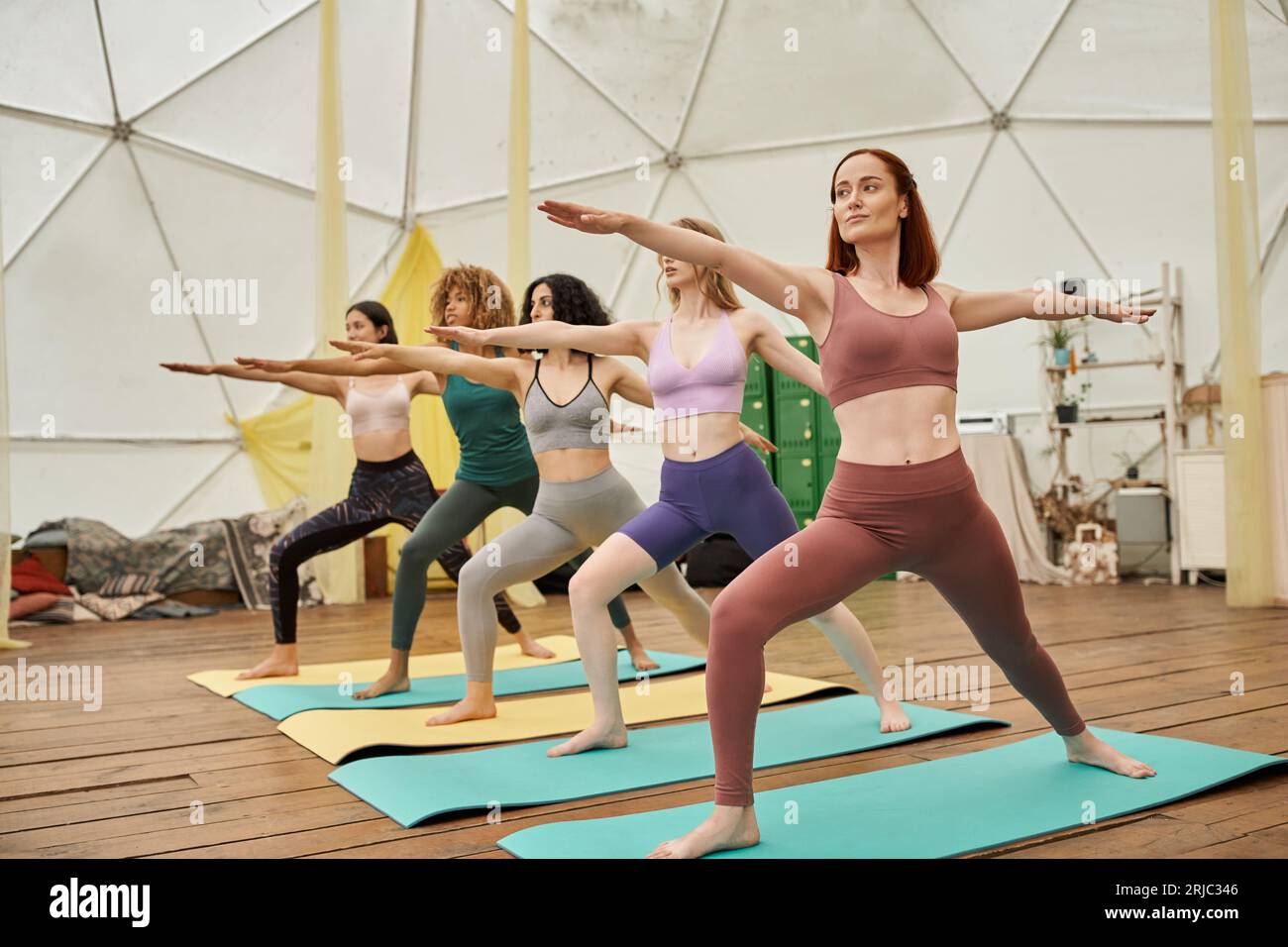 women retreat concept, full length of multiethnic women in sportswear ...