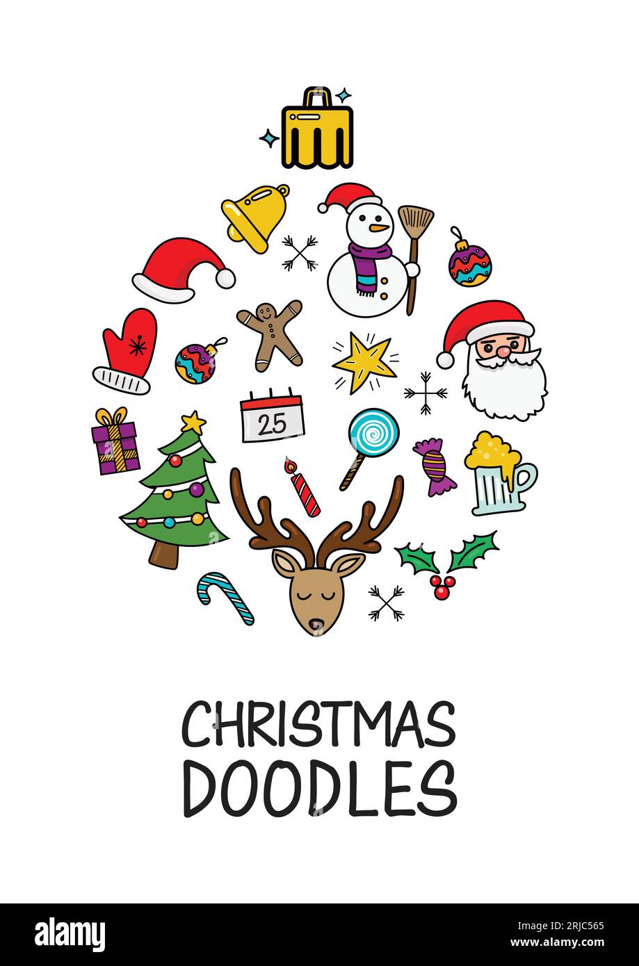 Christmas doodles color elements laid out in shape of christmas ball ...