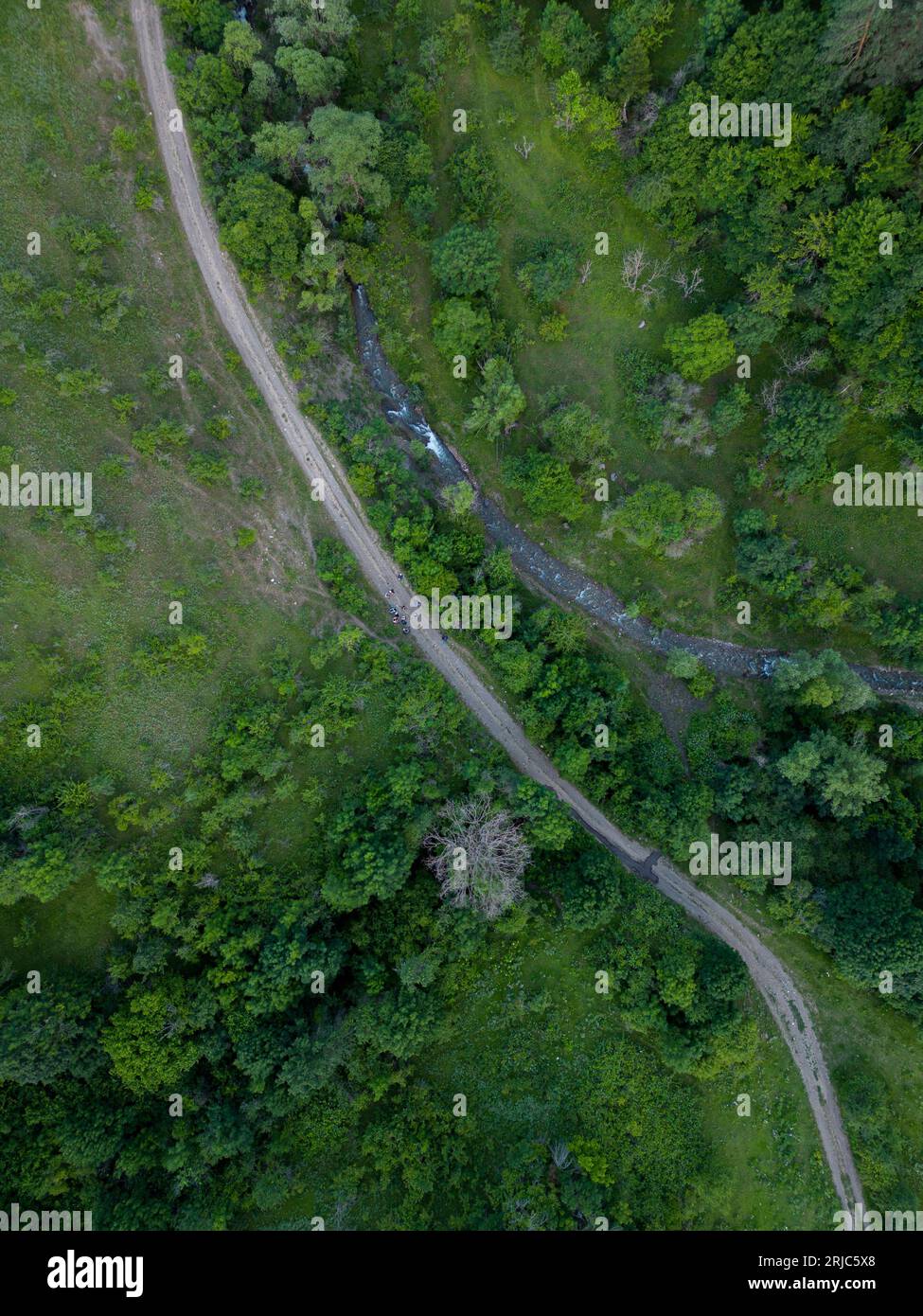 An aerial view of a rural road meandering through the green woods Stock ...