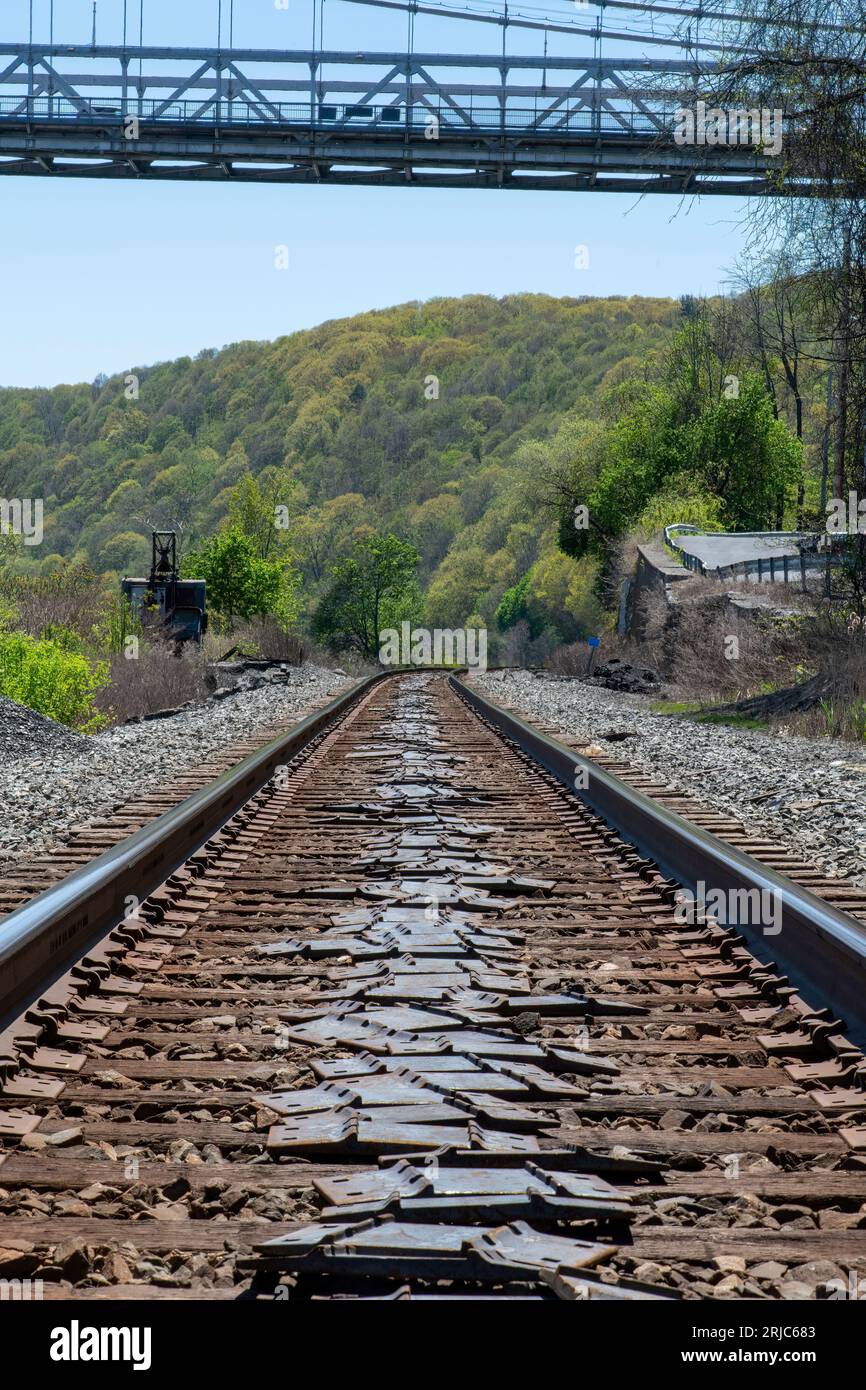 Vertical low by the ground view over railroad tracks in hilly foresty ...