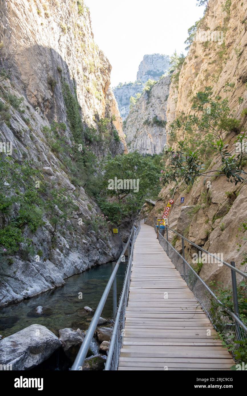 A beautiful mountain gorge with a river and a waterfall Stock Photo - Alamy