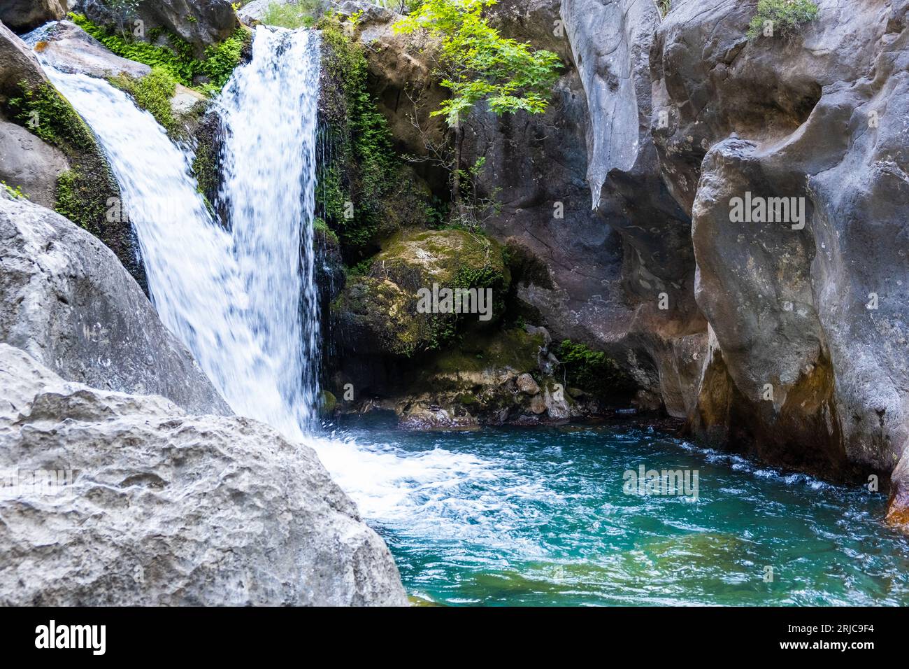 A beautiful mountain gorge with a river and a waterfall Stock Photo - Alamy