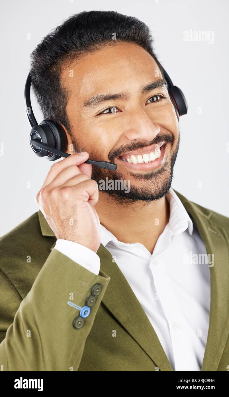 Happy asian man, call center and headphones in customer service ...