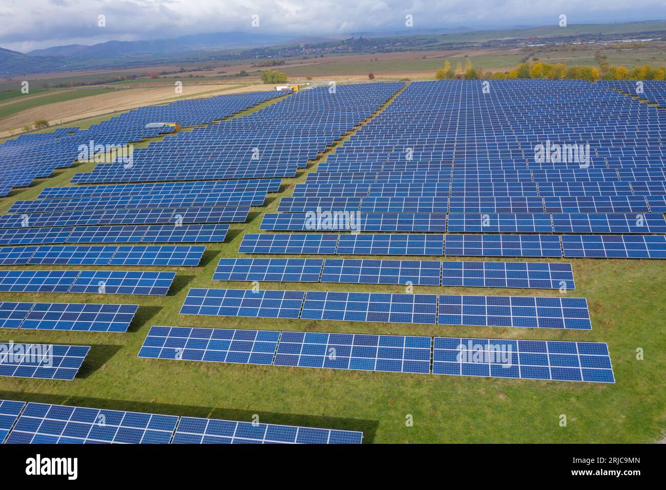 Solar panels aerial view. Solar energy modules, photovoltaic PV plant ...