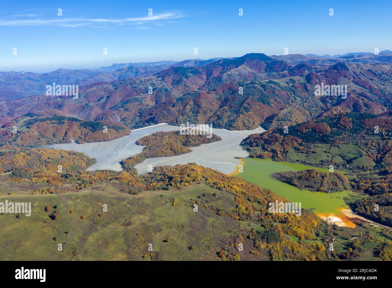 Aerial view of a huge pond, heavy metal copper contamination ...