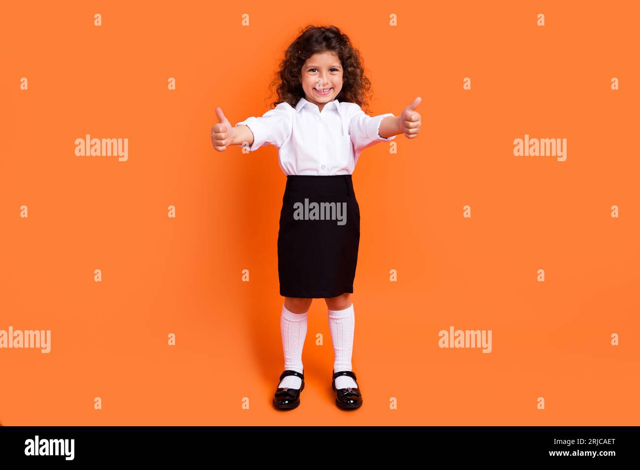 Full body photo of little kid pupil enjoying learning school make thumb ...