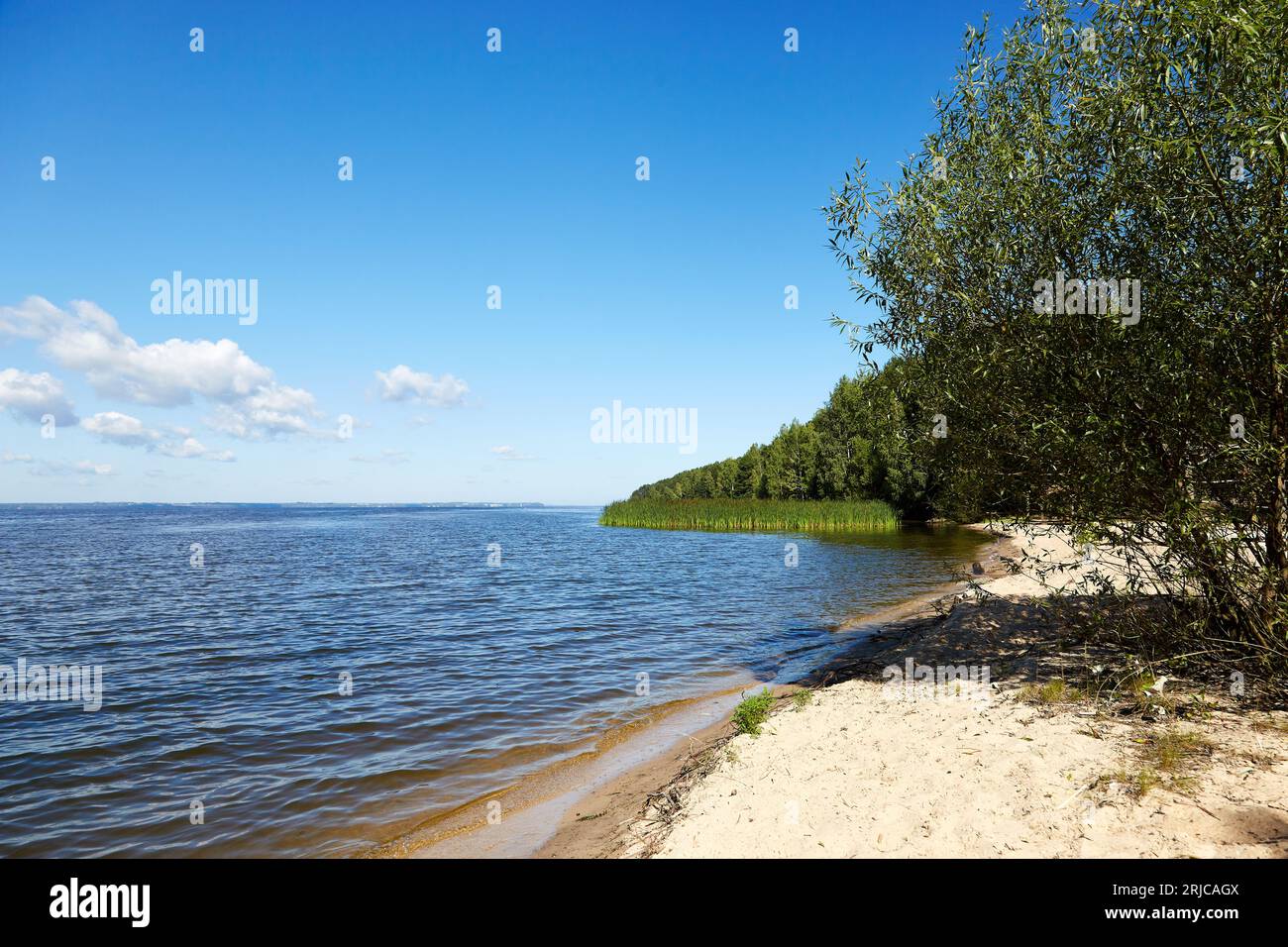 Beautiful summer landscape of riverbank at sunny day with reflection in ...