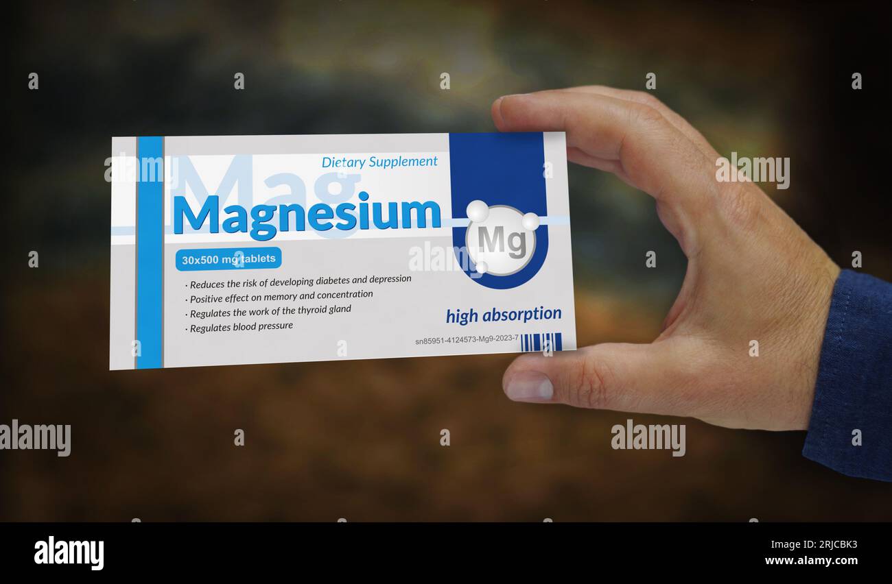 Magnesium tablets box in hand. Support memory and concentration pills ...