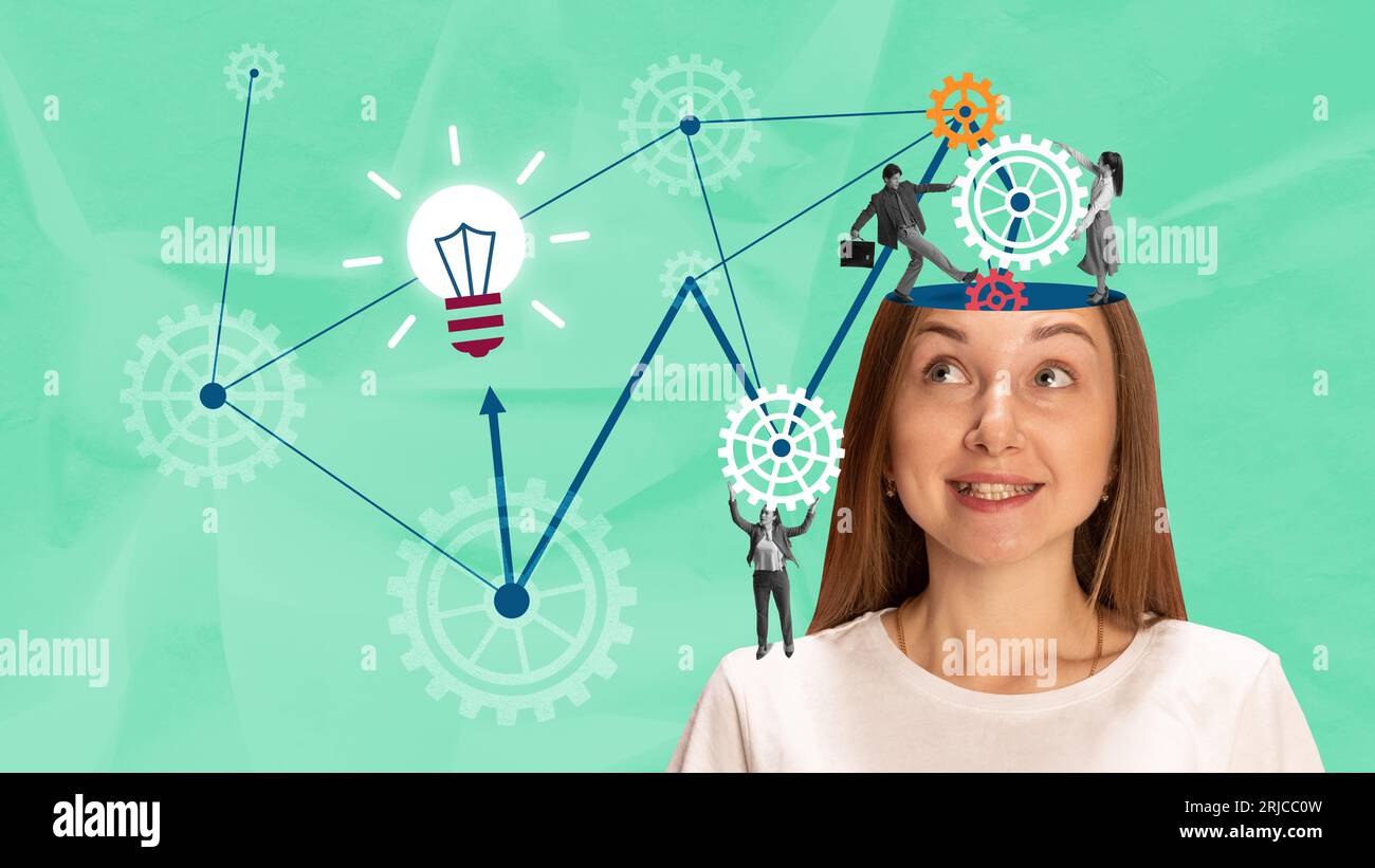 Contemporary art collage. Exciting woman with open head with gear ...