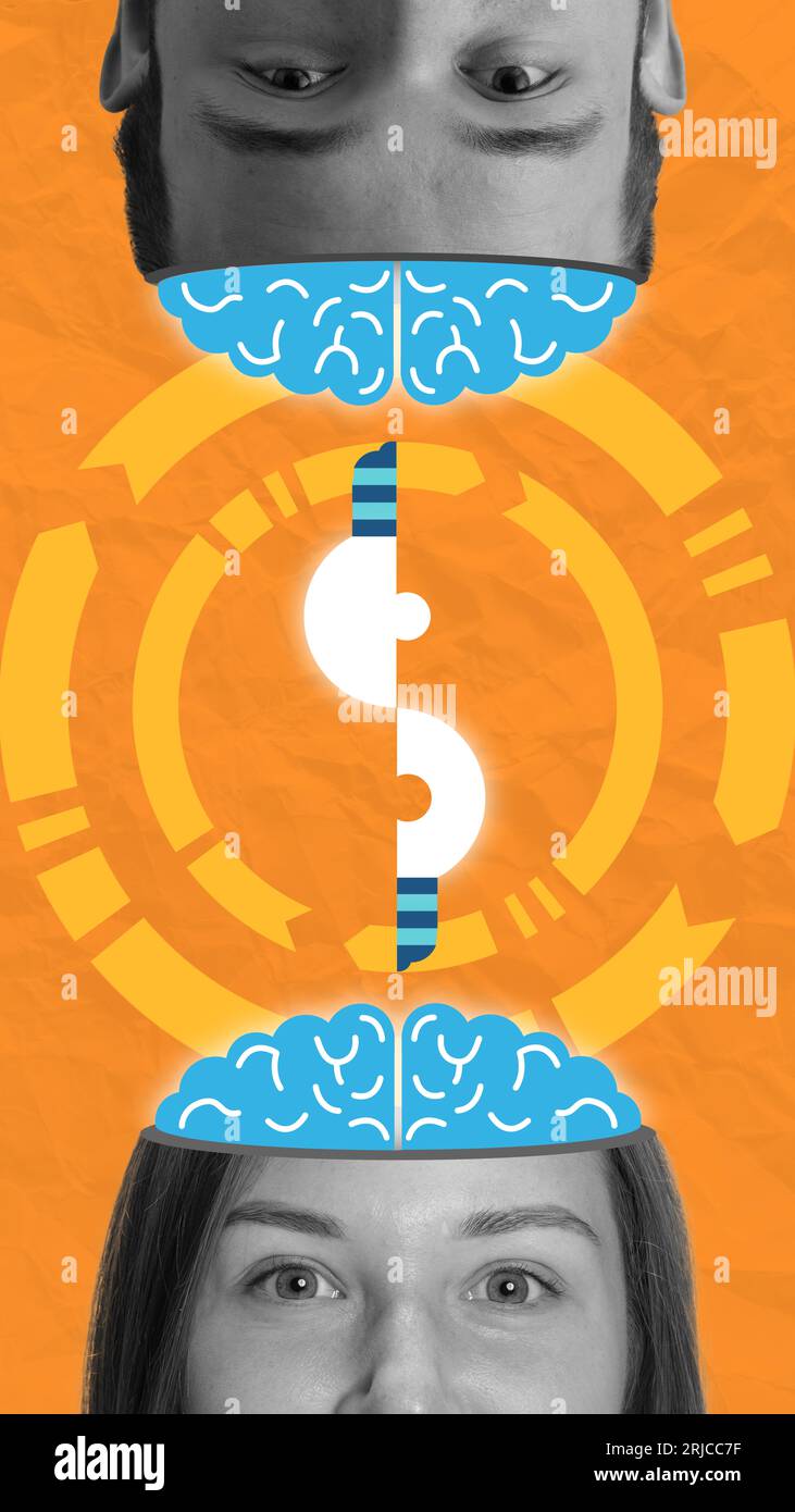 Boiling brain. Contemporary art collage. Man and woman black and white ...