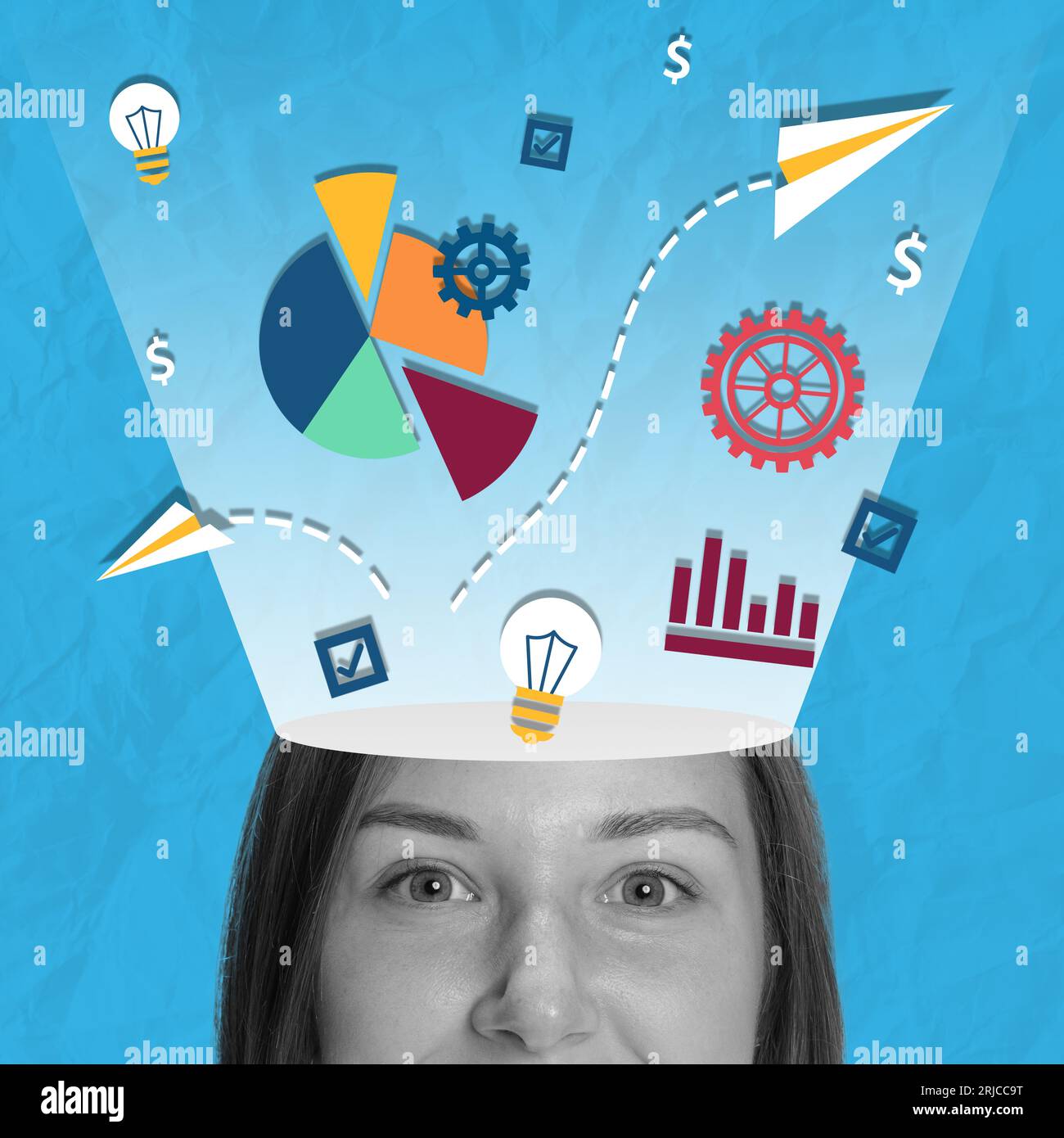 Contemporary art collage. Open black and white head with lamp, gears ...